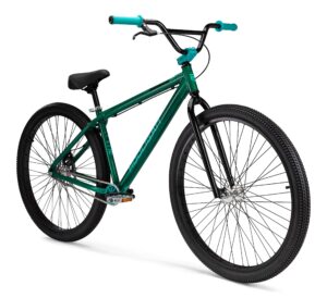 mongoose hooligan al adult bmx bike, 29x3-inch wheels, lightweight aluminum frame, single speed, disc brakes, green