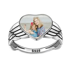 silvercute angel wings ring with picture sterling silver feather heart engagement ring custom photo keepsake jewelry for women, size 5 to 11