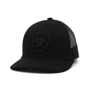 ariat men's monochrome shield logo cap, black with mesh back, adjustable snap-back closure