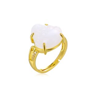 hmooy buddha ring, 18k gold plated lucky laughing buddha ring adjustable white/green jade buddha open ring lucky amulet jewelry for women men (white)