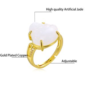 HMOOY Buddha Ring, 18k Gold Plated Lucky Laughing Buddha Ring Adjustable White/Green Jade Buddha Open Ring Lucky Amulet Jewelry for Women Men (White)