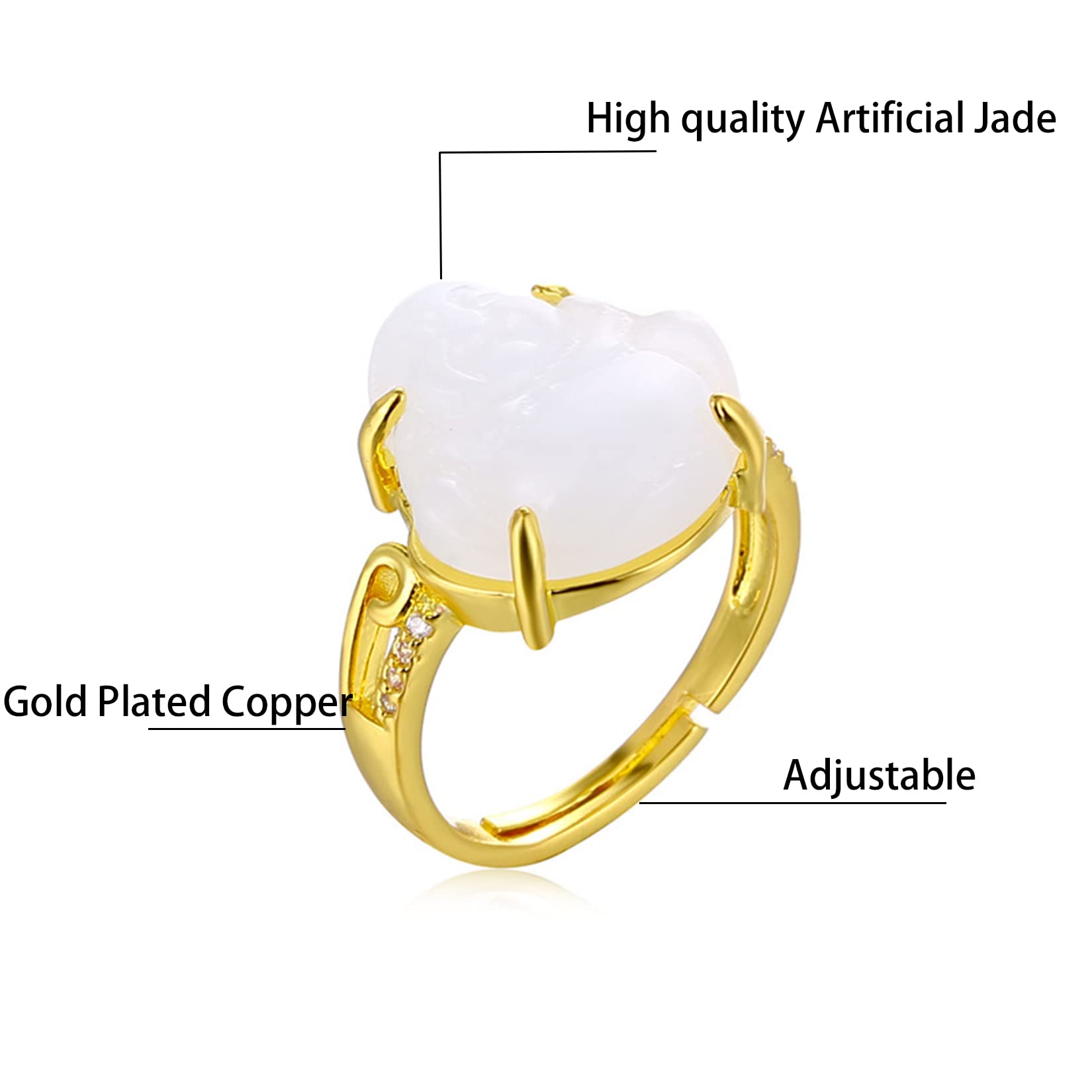 HMOOY Buddha Ring, 18k Gold Plated Lucky Laughing Buddha Ring Adjustable White/Green Jade Buddha Open Ring Lucky Amulet Jewelry for Women Men (White)