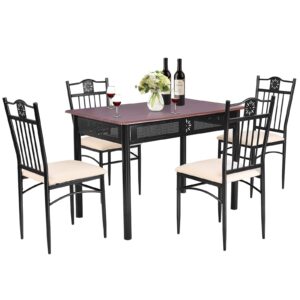 costway 5 pieces dining table set, modern kitchen table set for 4 person, 42” rectangular table w/ 4 upholstered chairs, bistro table set for home, coffee shop & restaurant (brown)