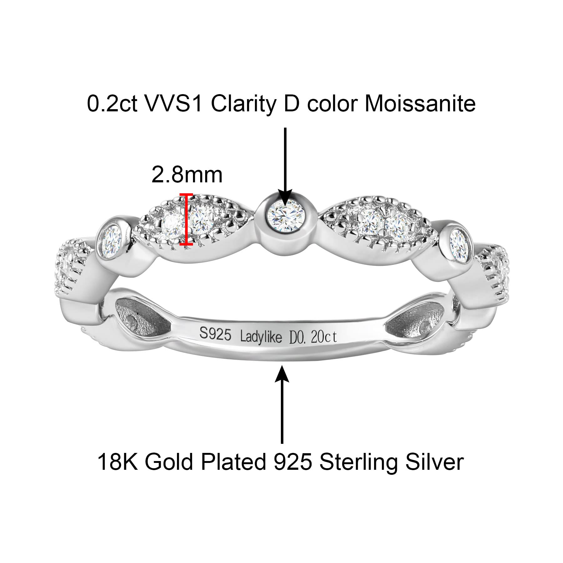 Moissanite Wedding Band Milgrain Marquise Half Eternity Ring 18K White Gold Plated 925 Sterling Silver Band D Color VVS1 Lab Created Diamond Rings for Women, Size 7