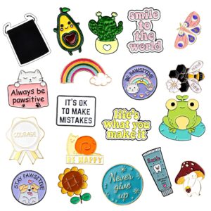 18 pieces positive enamel pins set cute enamel lapel pins inspirational cartoon brooch pin badges butterfly cat cactus enamel pins with storage bag for women jeans backpacks jackets hats decor