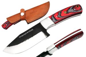 fixed blade knife with sheath, 9'' full tang hunting knife with high carbon steel blade, non-slip color wood handle, lanyard hole, camping knife for hiking, outdoor, hunting, survival, camping