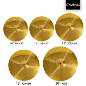 Cymbal Pack, Cymbal Set 14''/16''/18''/20'' (5 Pcs) | FREE Cymbal Bag included (Gold)