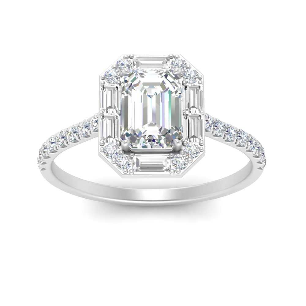 JewelryGift Art Deco Emerald Cut Halo Ring 925 Sterling Silver Created Cubic Zircon Emerald Shape White Color Halo Engagement Rings Prong Setting in Size 7