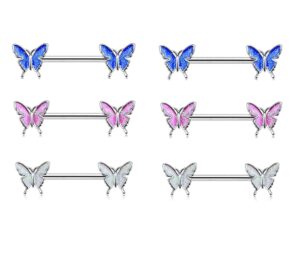 2022 charm butterfly nipple barbell 14g colorful charming nipple piercing animals jewelry nipple ring bar body piercing jewelry for women - 3 pairs