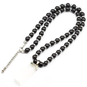 elisajewelryart - natural raw selenite pendant natural black onyx beaded necklace genuine gemstone angel stone clasp closure hematite necklace unisex necklace (22, raw selenite)