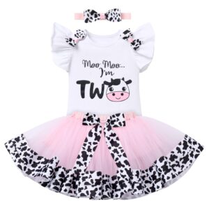 kids cake smash outfit baby girls baptism christening dedication cows farm theme princess romper+tutu skirt+headband 3pcs clothes set fancy dress up halloween cosplay costume cows-moo moo i'm two 2t