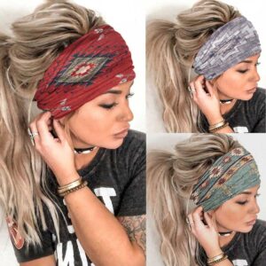 catery boho headbands stretch head bands wide turban headwraps yoga headband fashion hair bands for women and girls pack of 3 (c vintage)