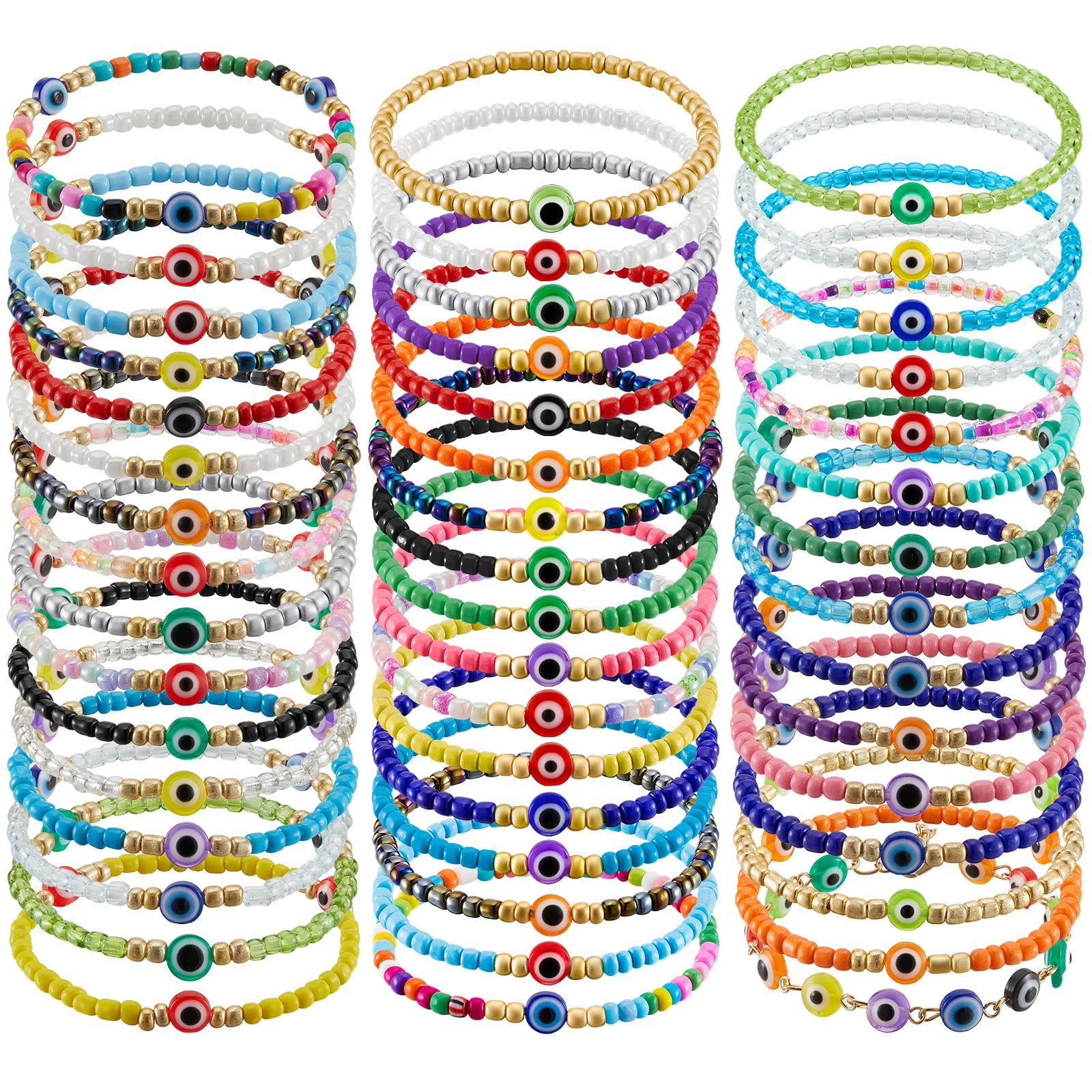 Kigeli 48 Pcs Beaded Evil Eye Bracelet Handmade Religious Protection Bracelet Elastic Lucky Turkish Jewelry Good Luck Nazar Amulet Bangle for Women Men Teens