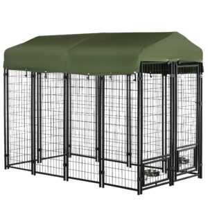 pawhut 8' x 4' x 6' outdoor dog kennel with rotating bowl holders, walk-in pet playpen, welded wire steel with water and uv-resistant canopy, green