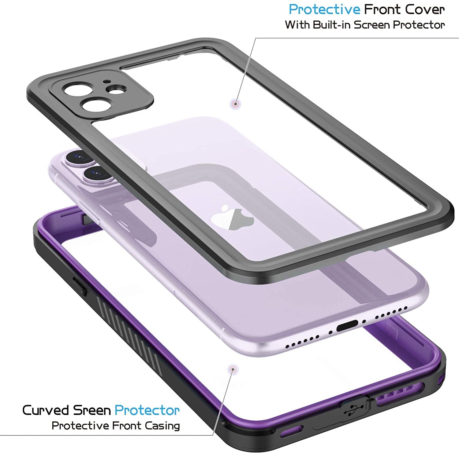 VAPESOON Compatible with iPhone 11 Waterproof Case, Built-in Screen Protector Full-Body Rugged Bumper Sealed Cover Shockproof Dustproof Waterproof Case for iPhone 11 6.1 inch (Purple/Clear)