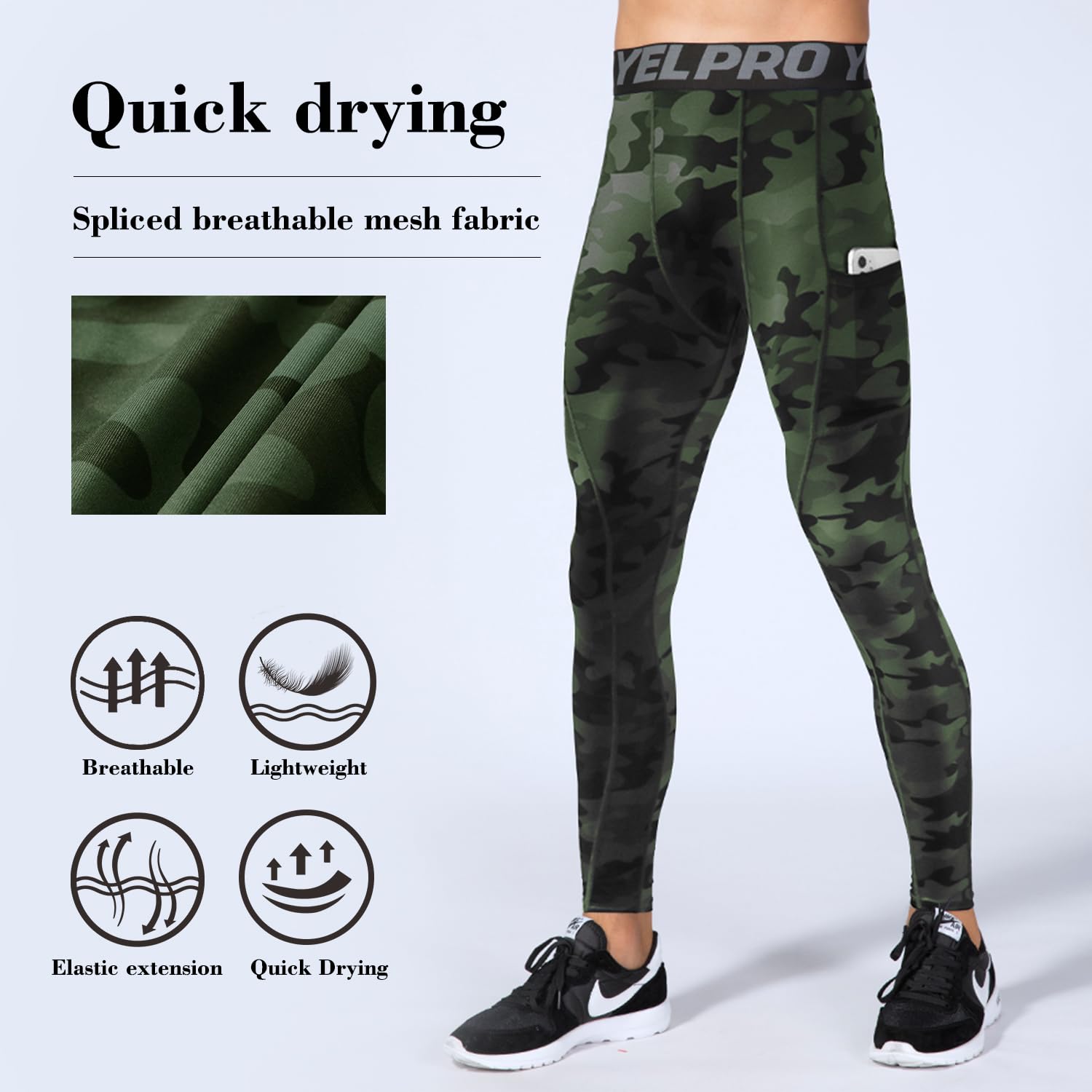 Yuerlian 1 Pack Men's Compression Pants Running Tights Workout Leggings Cool Dry Yoga Gym Pants with Pocket Camo Green