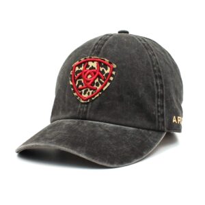 ariat women's black demin cap with leopard embroidered shield and hook and loop ponytail closure