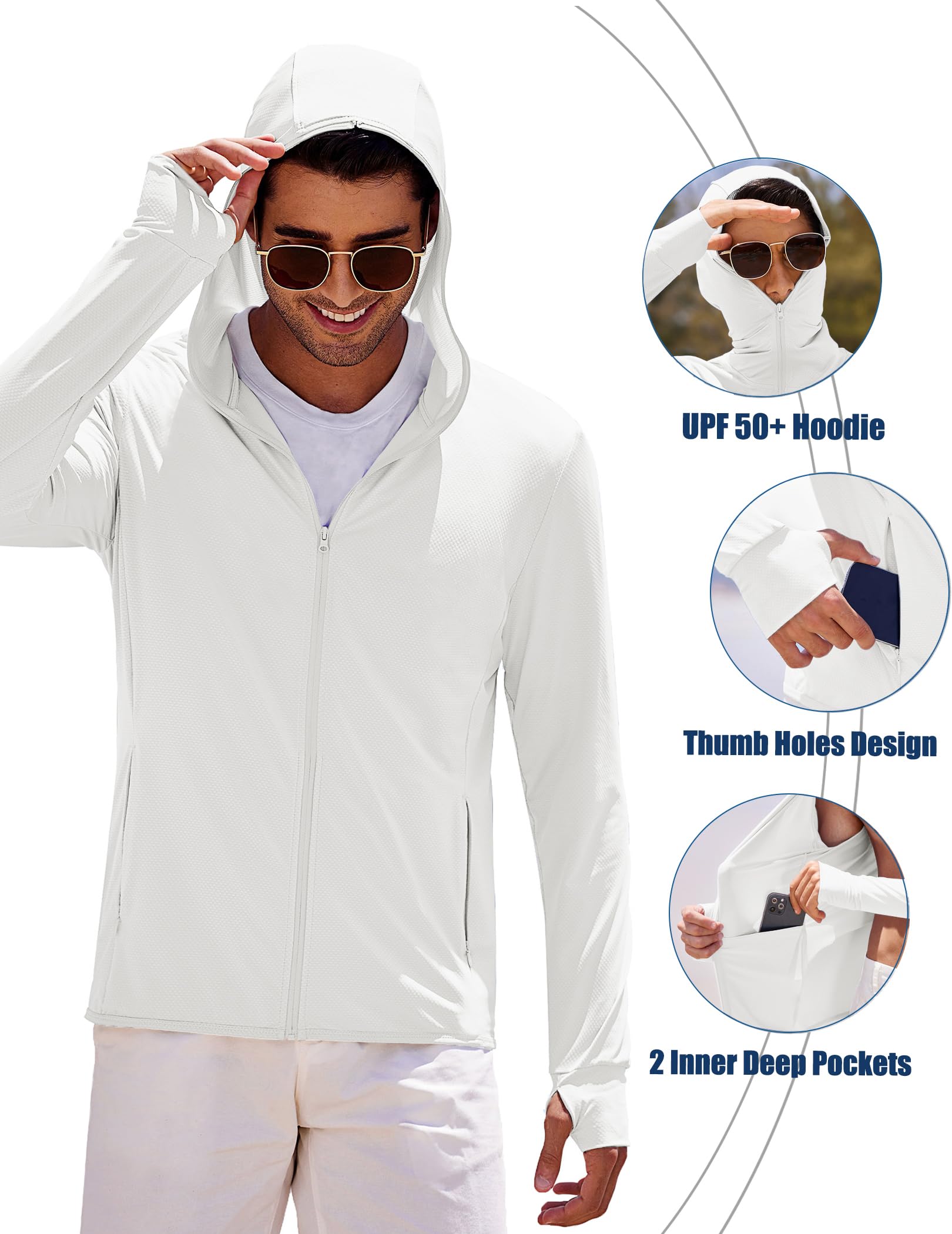 COOFANDY Mens UPF 50+ Cooling Hooded Jacket Long Sleeve Zip Up Shirts Fishing Shirts with Pockets White