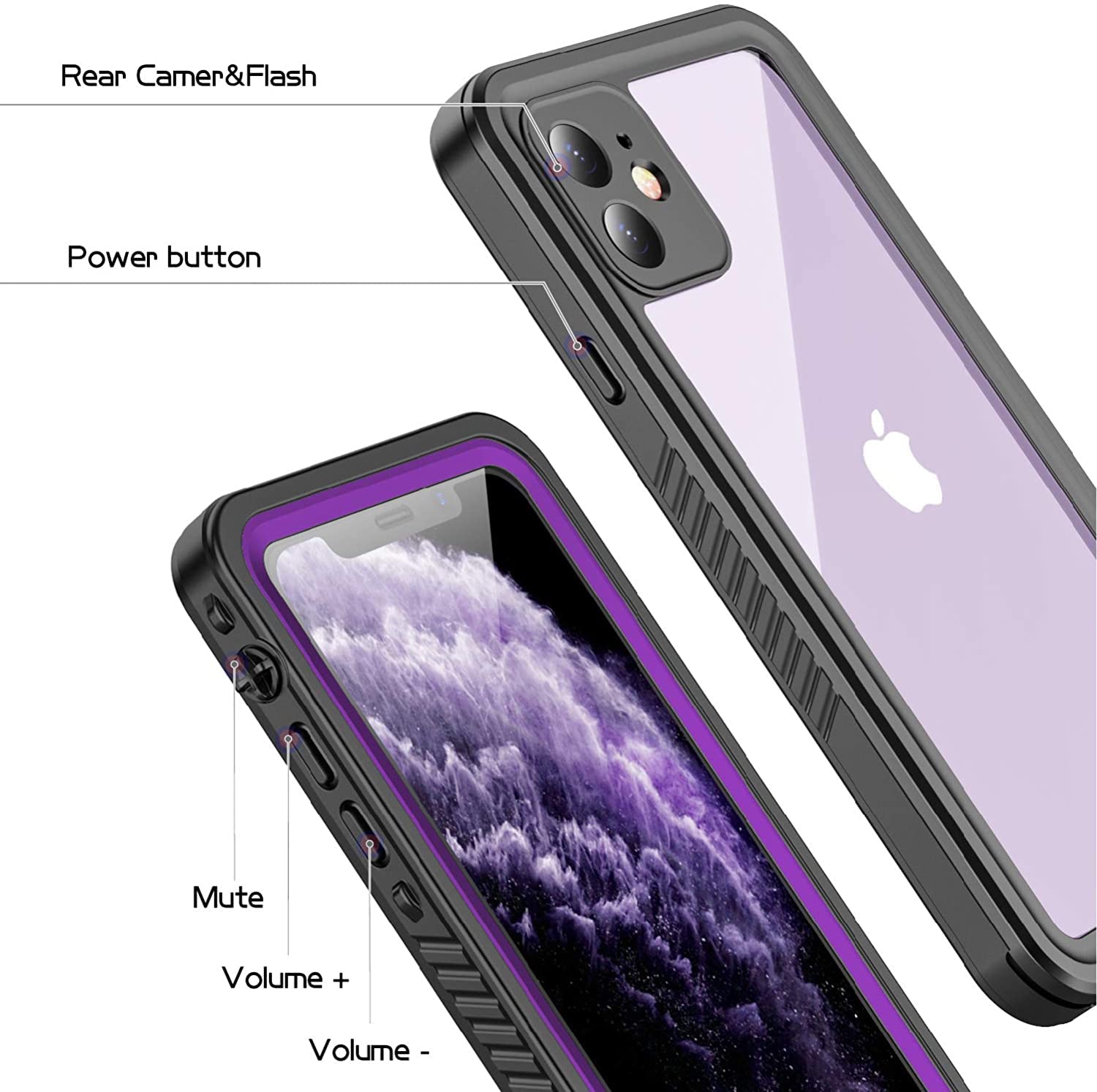 VAPESOON Compatible with iPhone 11 Waterproof Case, Built-in Screen Protector Full-Body Rugged Bumper Sealed Cover Shockproof Dustproof Waterproof Case for iPhone 11 6.1 inch (Purple/Clear)