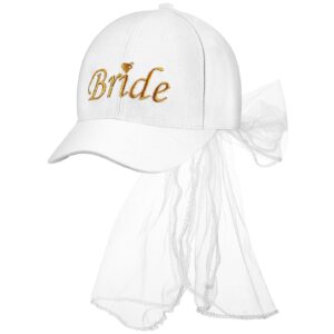 bridal baseball cap women's lace veil adjustable bride hat wedding bridal party hat gold embroidered ponytail trucker ponycap for bachelorette wedding beach ball sports, white