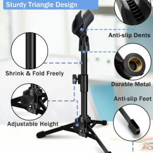 Mictop 2 Pack Desktop Mic Stand, Portable Foldable Tripod with Mic Clip Holder, Adjustable Microphone Stand For Dynamic Microphone.