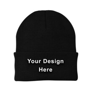 custom logo, design artwork embroidered on personalized beanie, embroidery stitching customized beanie black