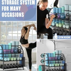 Staransun Yoga Mat Storage Rack, Home Gym Workout Accessories Organizer, Sporting Goods Storage with Baskets and Hooks, Yoga Mats, Dumbbell, Resistant Band, and other Workout Equipment Holder