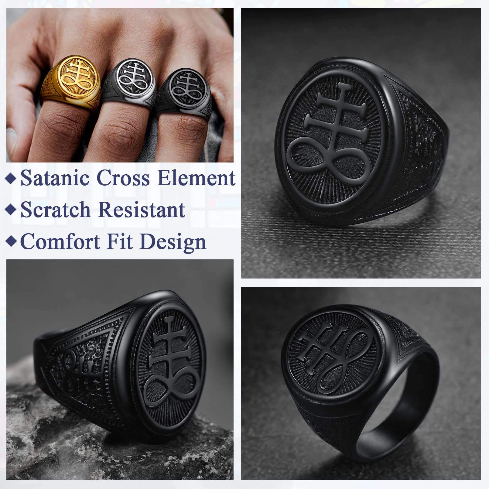 FaithHeart Gothic Jewlery Leviathan Cross Rings Stainless Steel Women Satan Satainism Signet Ring for Cool Male Size 9