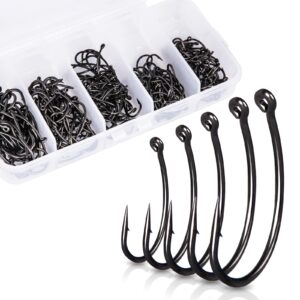 fairiland carp hook circle shape fish hook 82b high carbon steel fishing hooks ptfe coated matt black barbed hook for saltwater freshwater packed in hook box(250pcs 5-size)