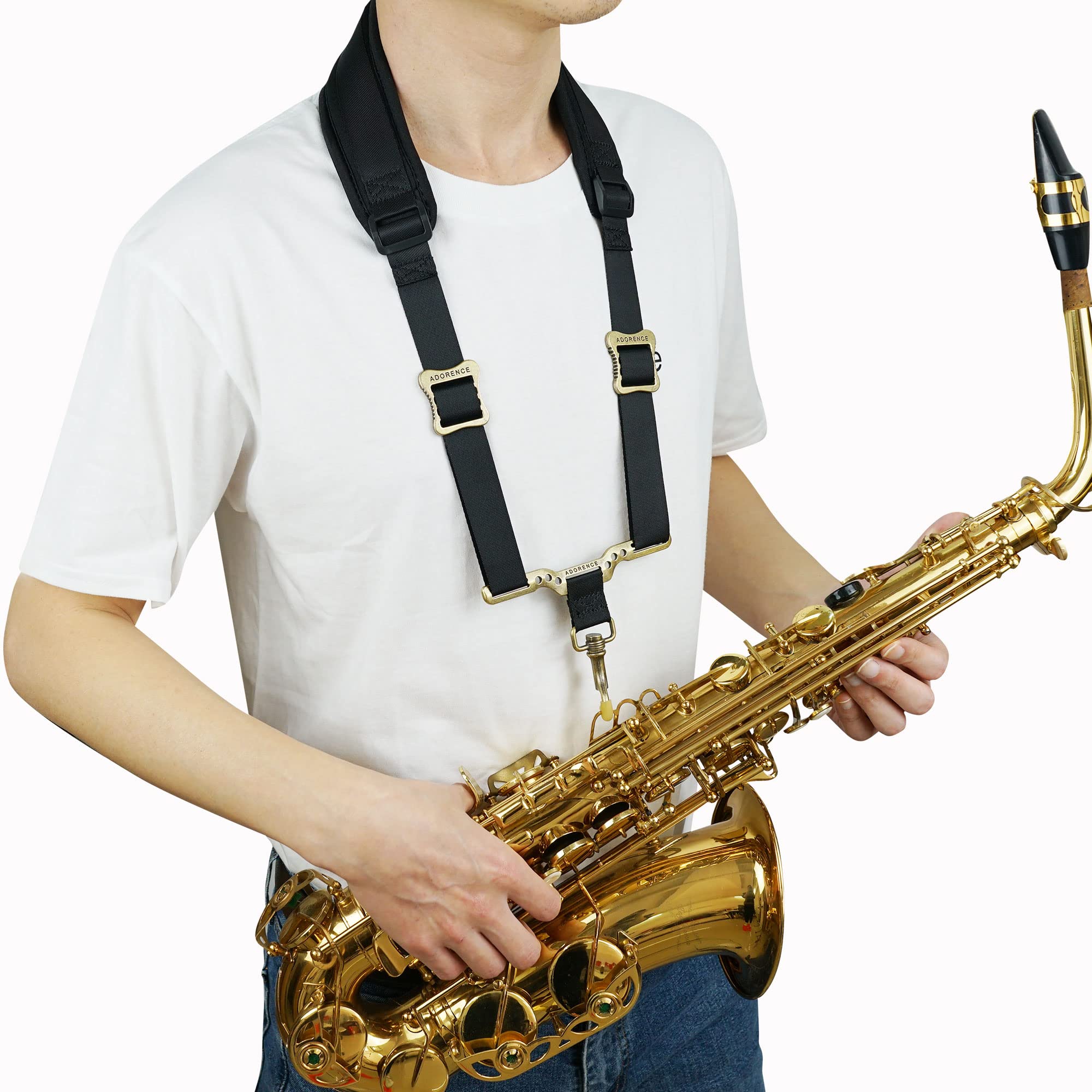 adorence Saxophone Neck Strap with Cushioned Padding & Swivel Metal Hook - Comfortable Sax Strap for Tenor, Alto - Black, Metal Weight Spreader