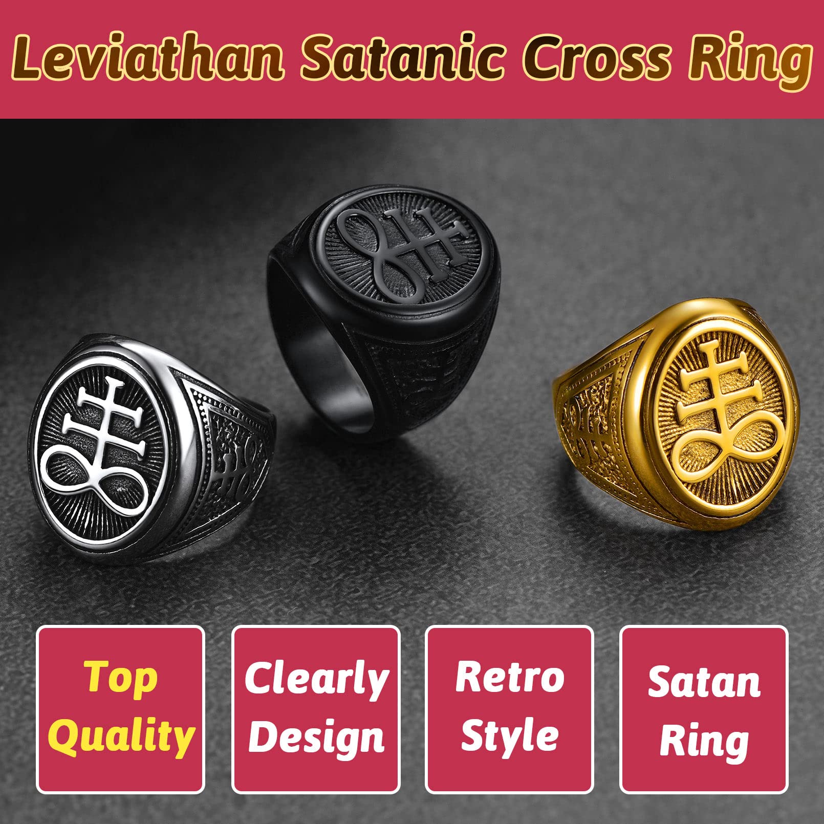 FaithHeart Gothic Jewlery Leviathan Cross Rings Stainless Steel Women Satan Satainism Signet Ring for Cool Male Size 9