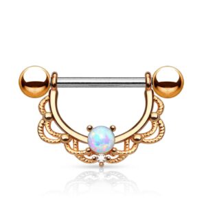 pair of opal fligree 14k gold plated surgical steel nipple rings barbells 16g - rose gold