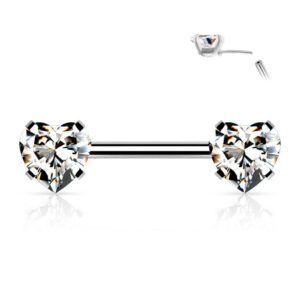 12mm pair of surgical steel threadless push in nipple barbells with prong set heart cz - clear