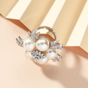 Korean Big Flower CZ Pearl Statement Wedding Rings for Women Girls Exquisite Summer Beach Holiday Party Bridal Adjustable Ring Love Jewelry Gift (A)