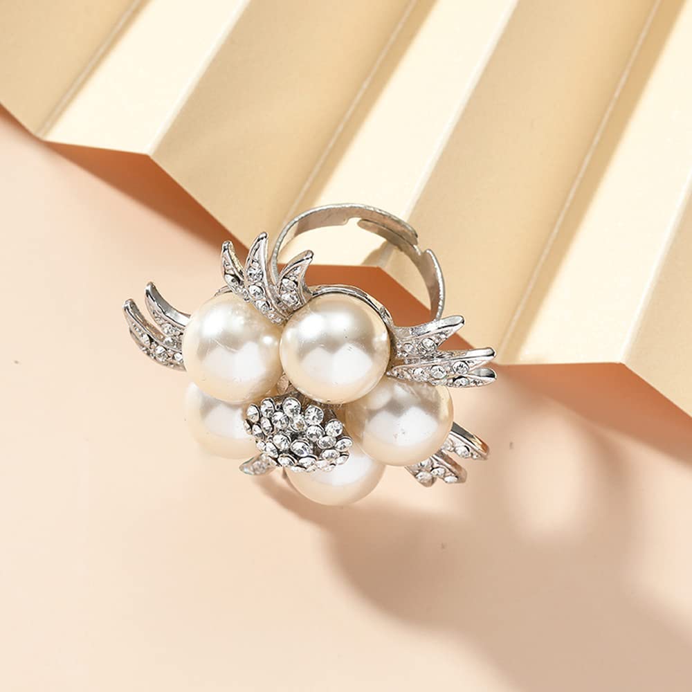 Korean Big Flower CZ Pearl Statement Wedding Rings for Women Girls Exquisite Summer Beach Holiday Party Bridal Adjustable Ring Love Jewelry Gift (A)