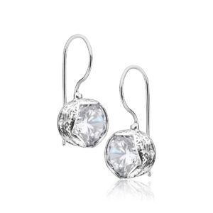 925 Sterling Silver Earrings With 2 White Round Cubic Zirconia, 10MM Bezel, Impressive Bling Effect Hypoallergenic, Nickel and Lead-free, Artisan Handcrafted Designer, French Wire Back, Made In Israel