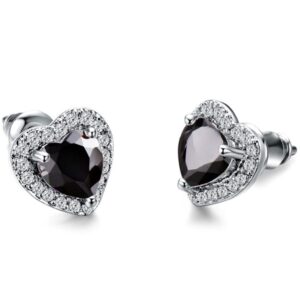 platinum plated heart shaped cubic zircon solitaire style wedding statement party stud earrings (silver black)