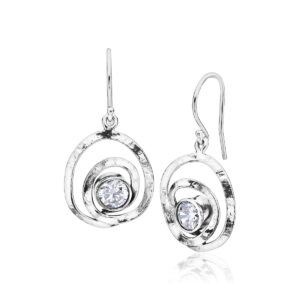 925 sterling silver dangle drop earrings free form with 2 white round cubic zirconia, antique finish, hypoallergenic, nickel and lead-free, french wire earring back