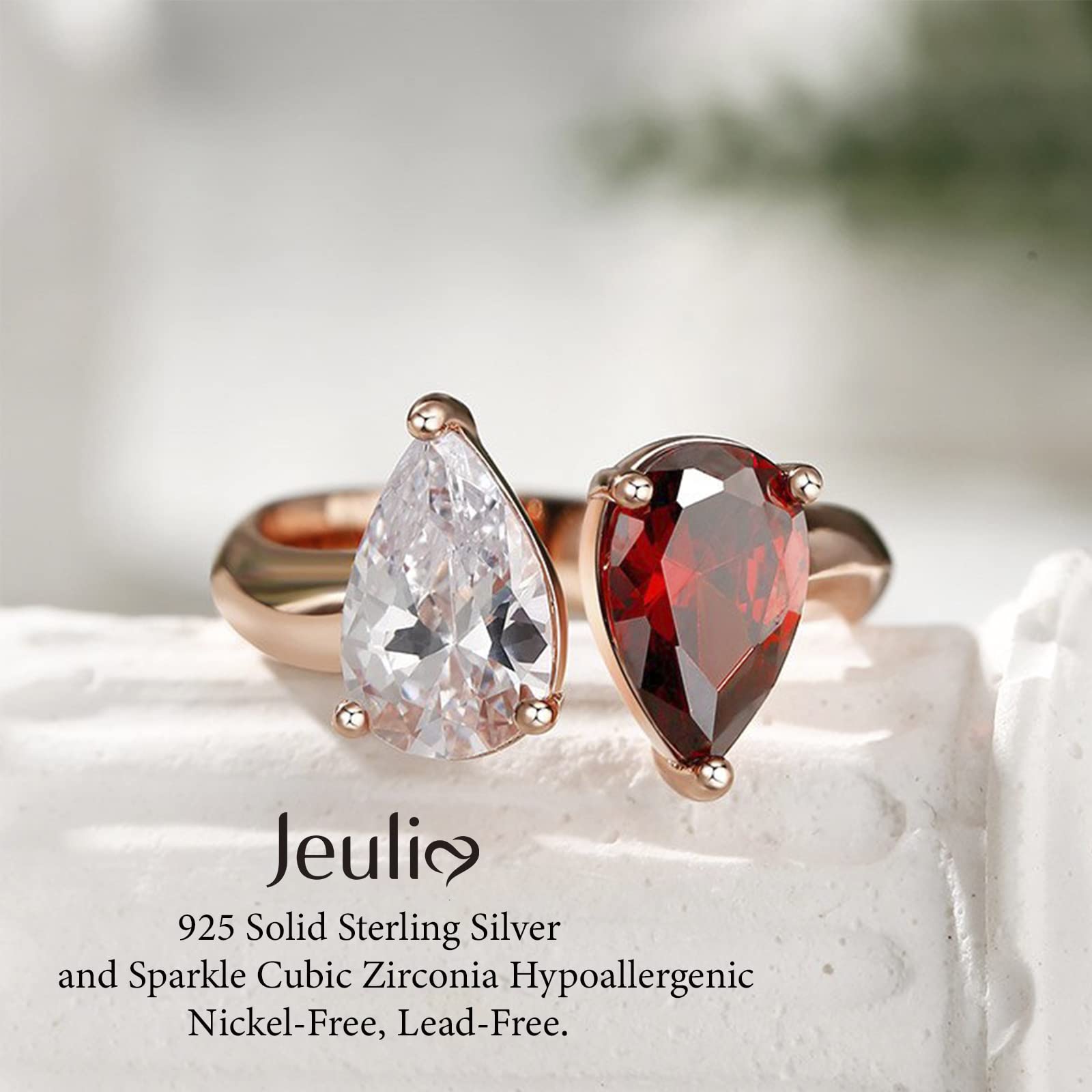 Jeulia Two Stone Open Rings for Women Sterling Silver Pear Cut Birthstone Rose Gold Garnet Red Diamond Ring Band Hypoallergenic Dainty Engagement Wedding Jewelry Bridal Set with Gift Box (Red Open Ring, 7)