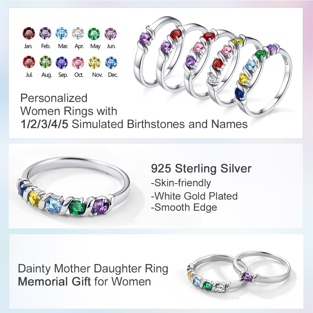 Custom4U Sterling Silver Personalized Mothers Rings Gifts for Mother’s Day with 4 Birthstones Custom Family Name Ring Jewelry for Women Mom Grandmother