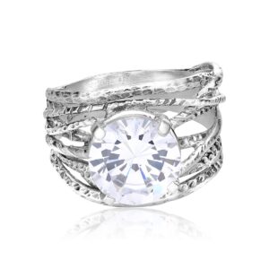 jean rachel jewelry 925 sterling silver ring with a white round cubic zirconia cz prong, hypoallergenic, nickel and lead-free, artisan handcrafted designer collection, made in israel