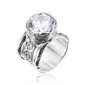 925 sterling silver wide engraved floral band ring with white round cubic zirconia sculptured bezel hypoallergenic nickel & lead-free artisan handcrafted designer collection, made in israel