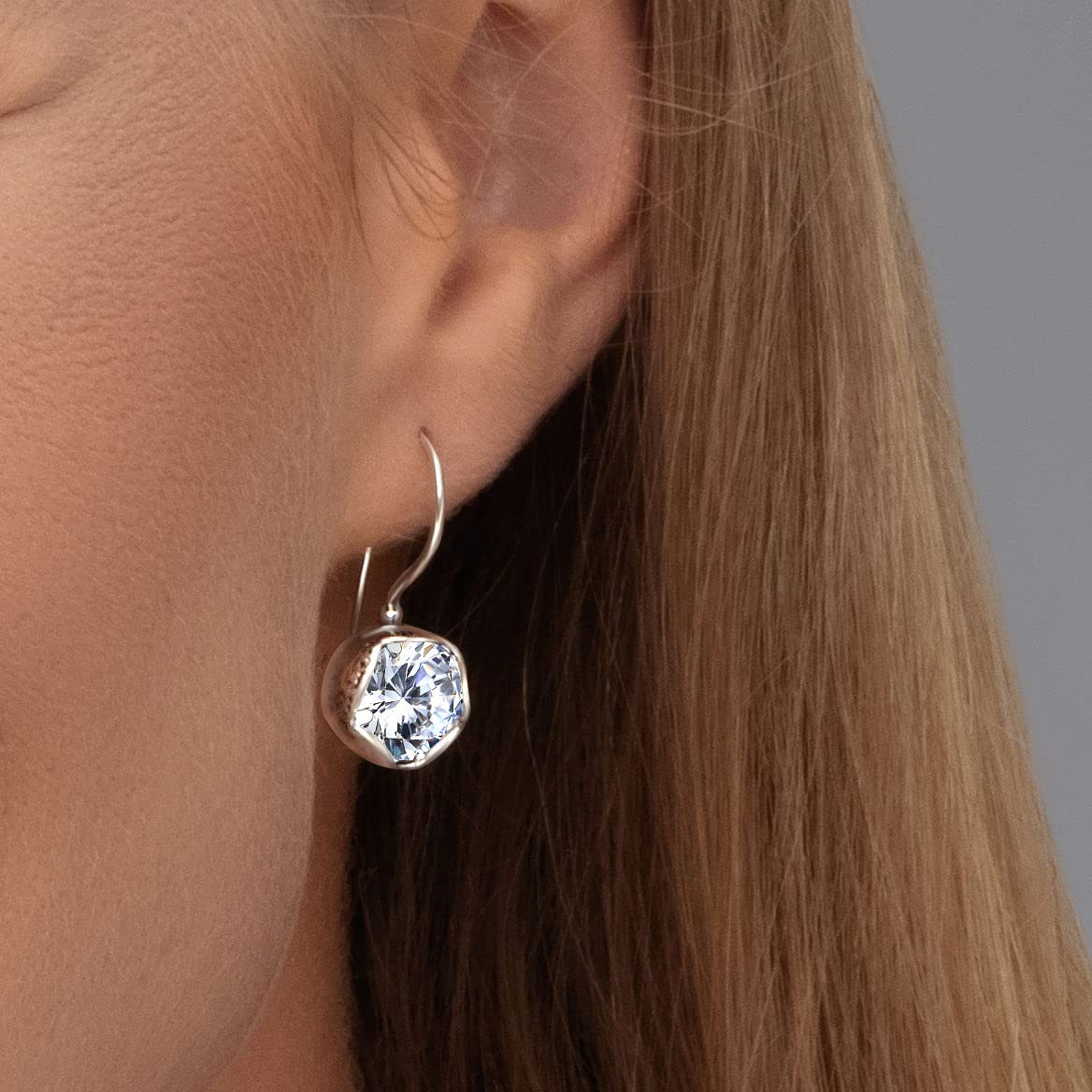 925 Sterling Silver Earrings With 2 White Round Cubic Zirconia, 10MM Bezel, Impressive Bling Effect Hypoallergenic, Nickel and Lead-free, Artisan Handcrafted Designer, French Wire Back, Made In Israel