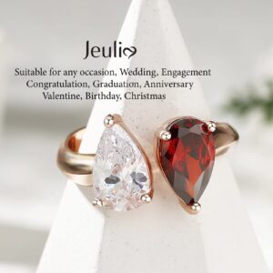 Jeulia Two Stone Open Rings for Women Sterling Silver Pear Cut Birthstone Rose Gold Garnet Red Diamond Ring Band Hypoallergenic Dainty Engagement Wedding Jewelry Bridal Set with Gift Box (Red Open Ring, 7)