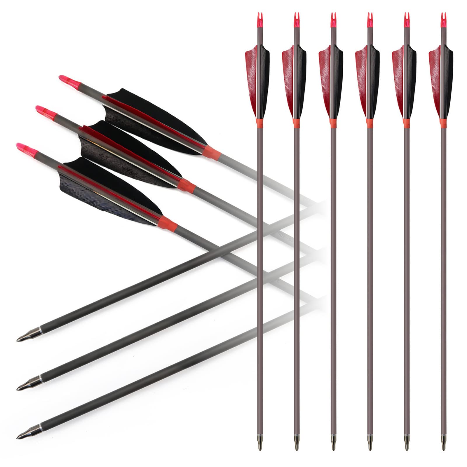 Hosolee 12 Pack Carbon Arrows 500 Spine Archery Targeting Arrow with Real Feathers and Field Points for Compound Recurve Bows (29 Inch)