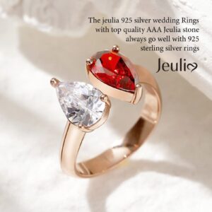 Jeulia Two Stone Open Rings for Women Sterling Silver Pear Cut Birthstone Rose Gold Garnet Red Diamond Ring Band Hypoallergenic Dainty Engagement Wedding Jewelry Bridal Set with Gift Box (Red Open Ring, 7)