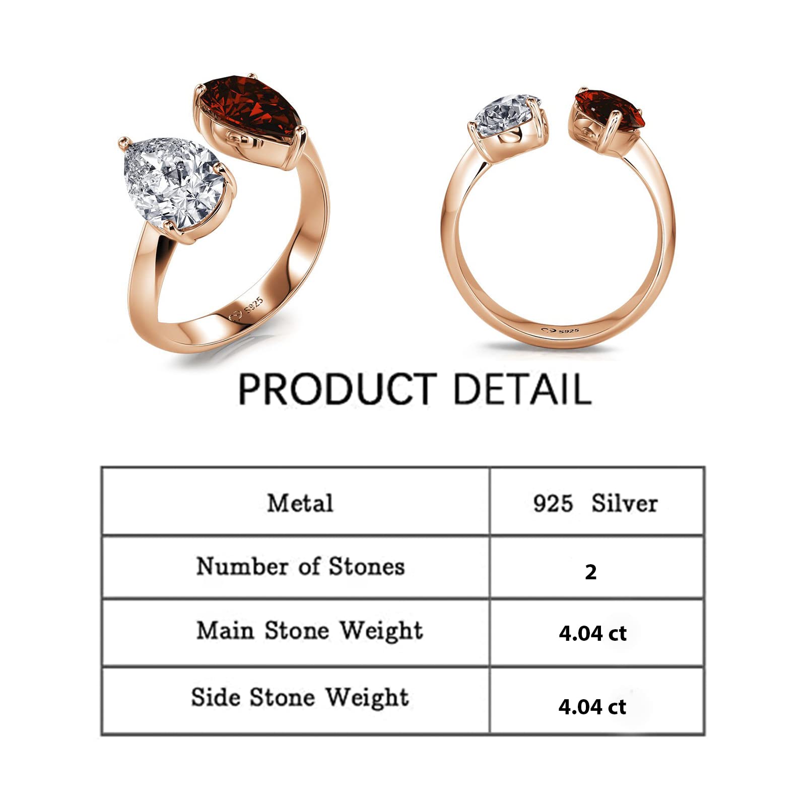 Jeulia Two Stone Open Rings for Women Sterling Silver Pear Cut Birthstone Rose Gold Garnet Red Diamond Ring Band Hypoallergenic Dainty Engagement Wedding Jewelry Bridal Set with Gift Box (Red Open Ring, 7)