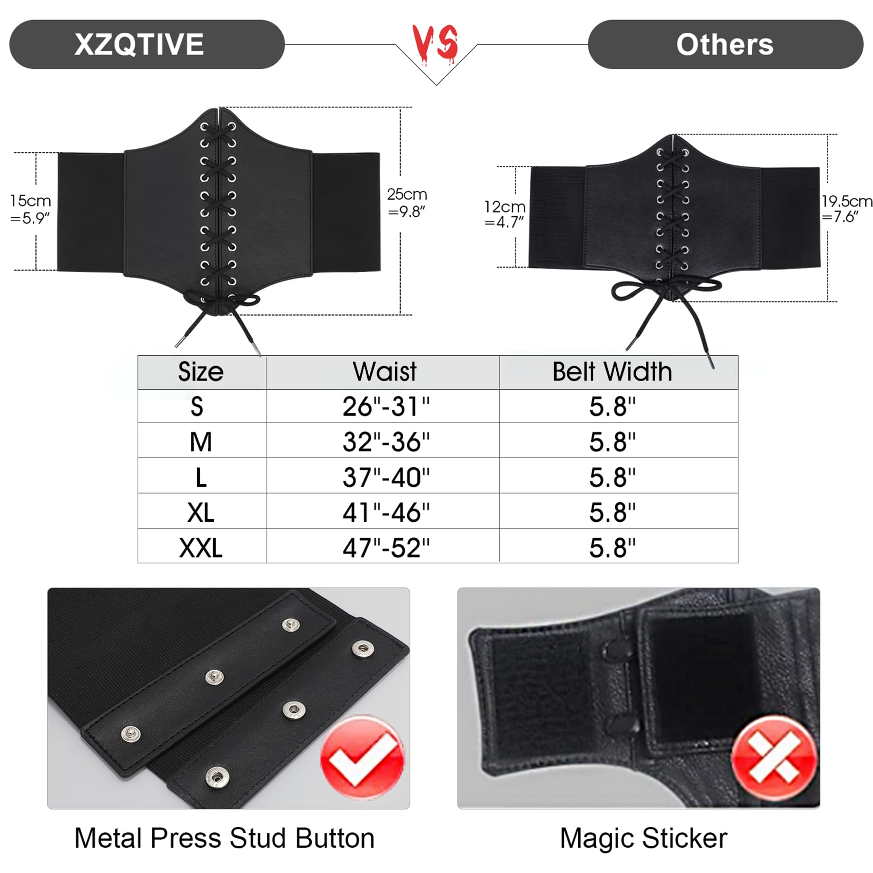 XZQTIVE Black Corset Waist Belt for Women, Wide Elastic Tie Waspie Belt for Dresses 4.7inch