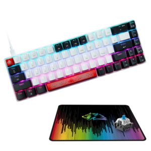 felicon 60% wired mechanical keyboard, rgb backlight compact 68 key small gaming keyboard all keys anti-ghost, type-c waterproof color mouse pad for windows laptop pc mac (white black & blue switch)