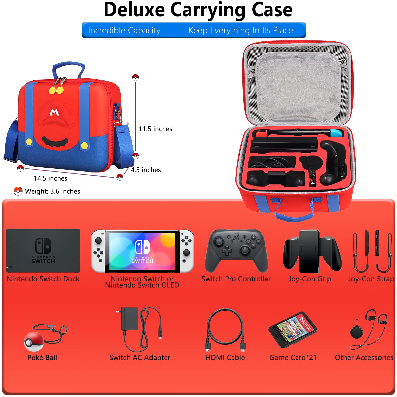 Mario Carrying Case for Nintendo Switch - Compatible with Switch OLED, Portable Hard Messenger Bag for Switch Console, Switch Dock, Pro Controller, Joy-Con grip, Poke Ball Plus & Accessories